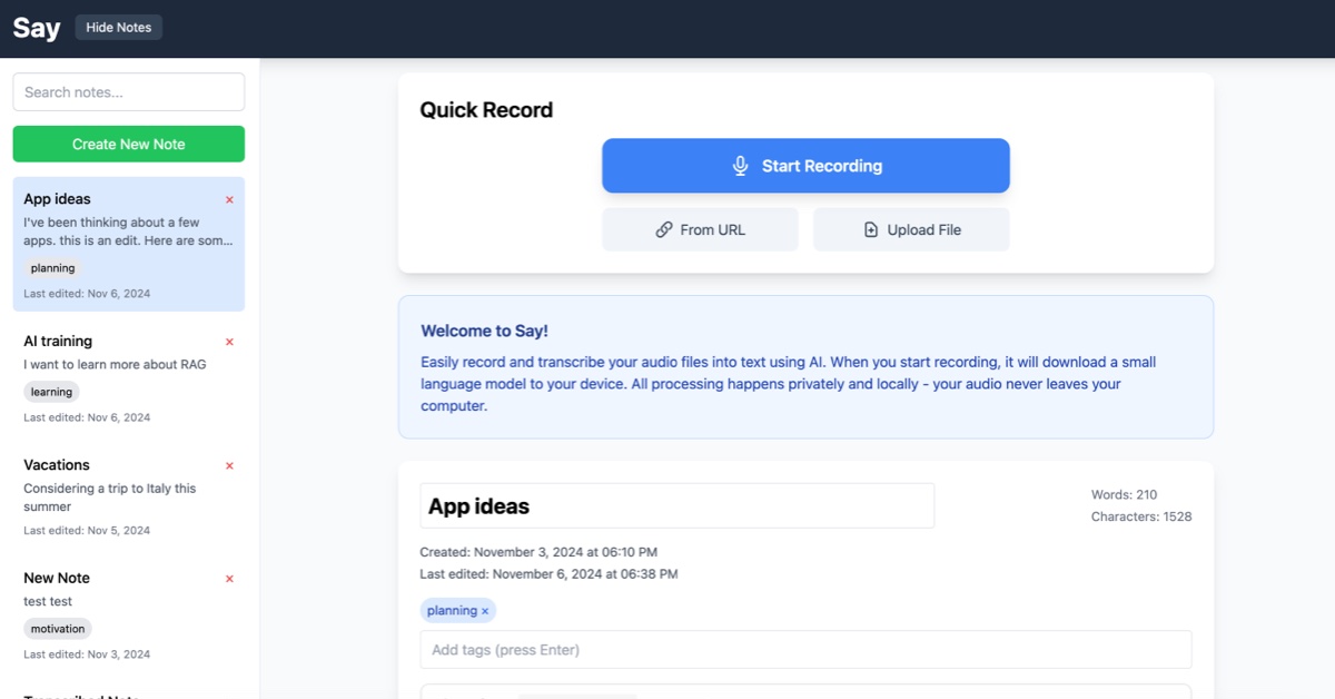 GitHub - addyosmani/say: Say - A Whisper AI Notes app GitHub - addyosmani/say: Say - A Whisper AI Notes app